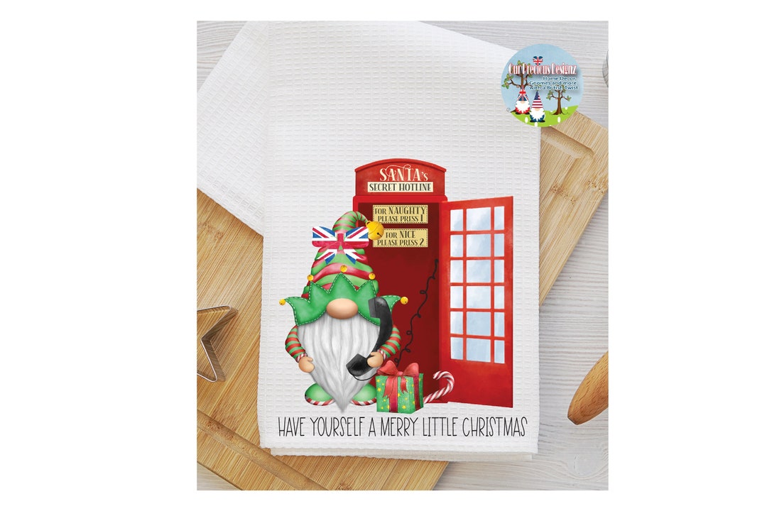 British Gnome and Phone Box Christmas Tea Towel, Phone Booth Union Jack ...