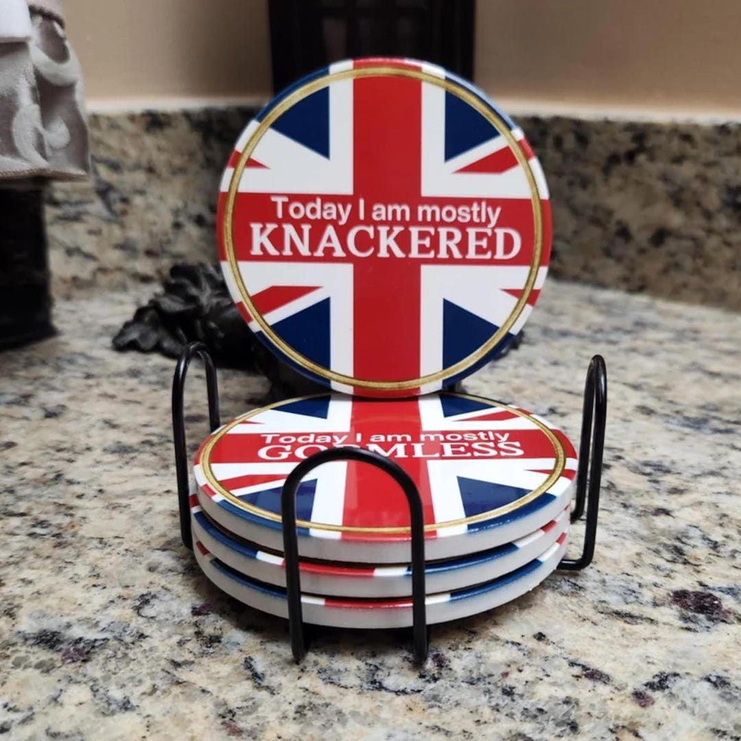 Funny British Union Jack Words Round Ceramic Coasters, Set of 4 and ...