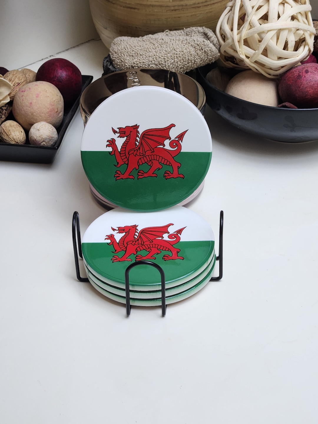 Welsh Flag Ceramic Coasters, Set of 4 and Holder , Wales Flag Coaster ...