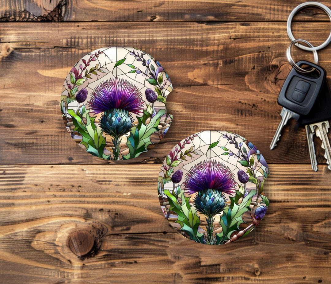Scottish Thistle Faux Stained Glass Car Cup Coasters, Ceramic Sandstone ...