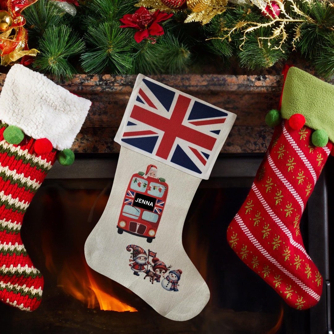 Personalized British Christmas Stocking, Double Decker Bus British ...