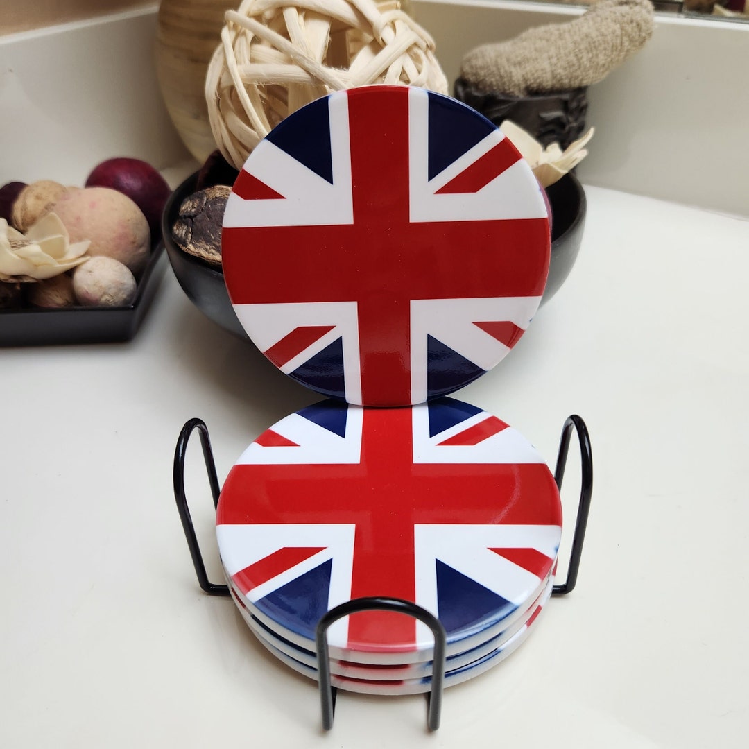 Union Jack Flag Round Ceramic Coasters, Set of 4 and Stand, British ...