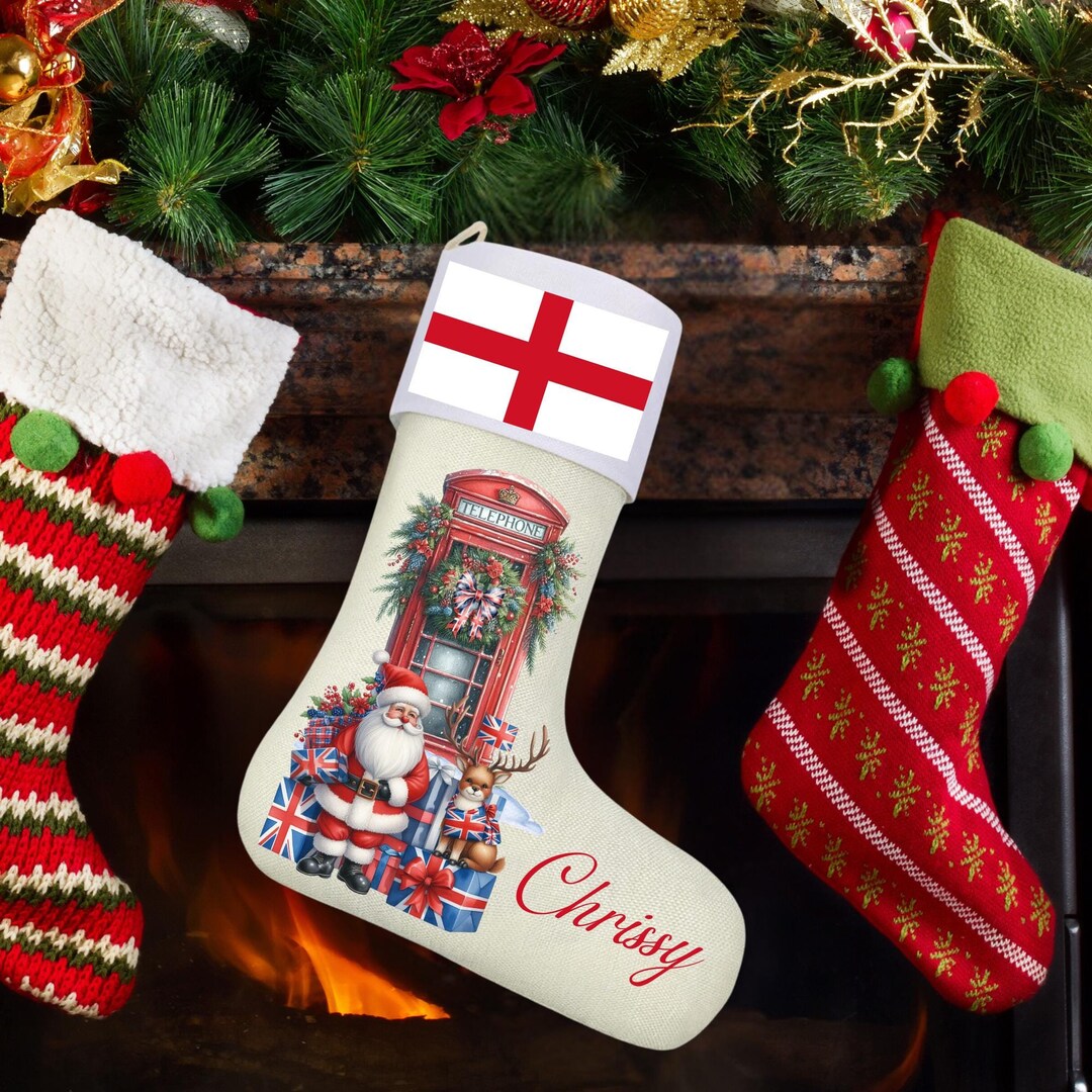 Personalized British Phone Box Christmas Stocking, Union Jack Santa ...