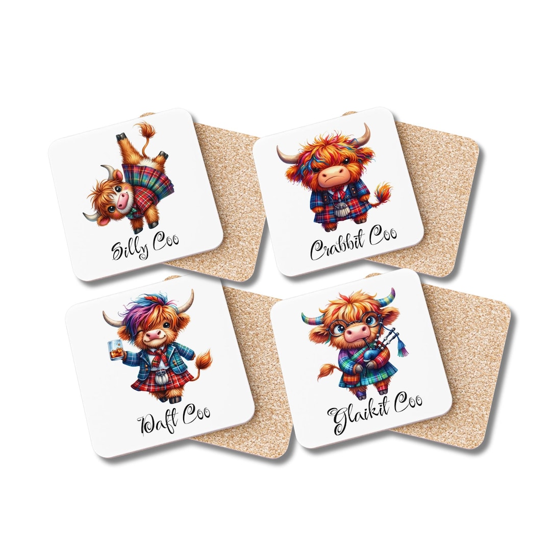 Funny Highland Cow Cork Back Coasters, 4 Different Cow Designs ...