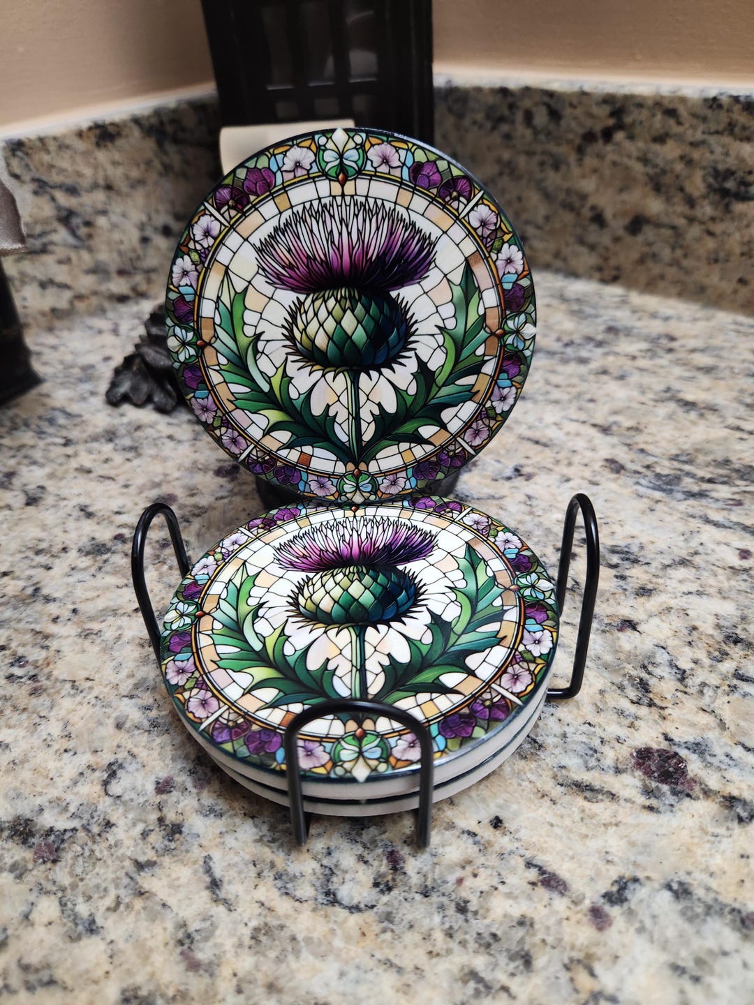 Scotland Thistle Stained Glass Faux Effect Ceramic Coasters, Set of 4 ...