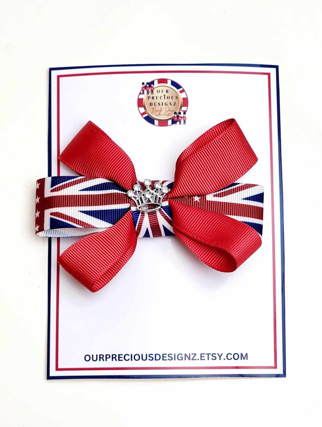 Union Jack Hair Bow Clip, British Union Jack With Crown Hair Bow ...
