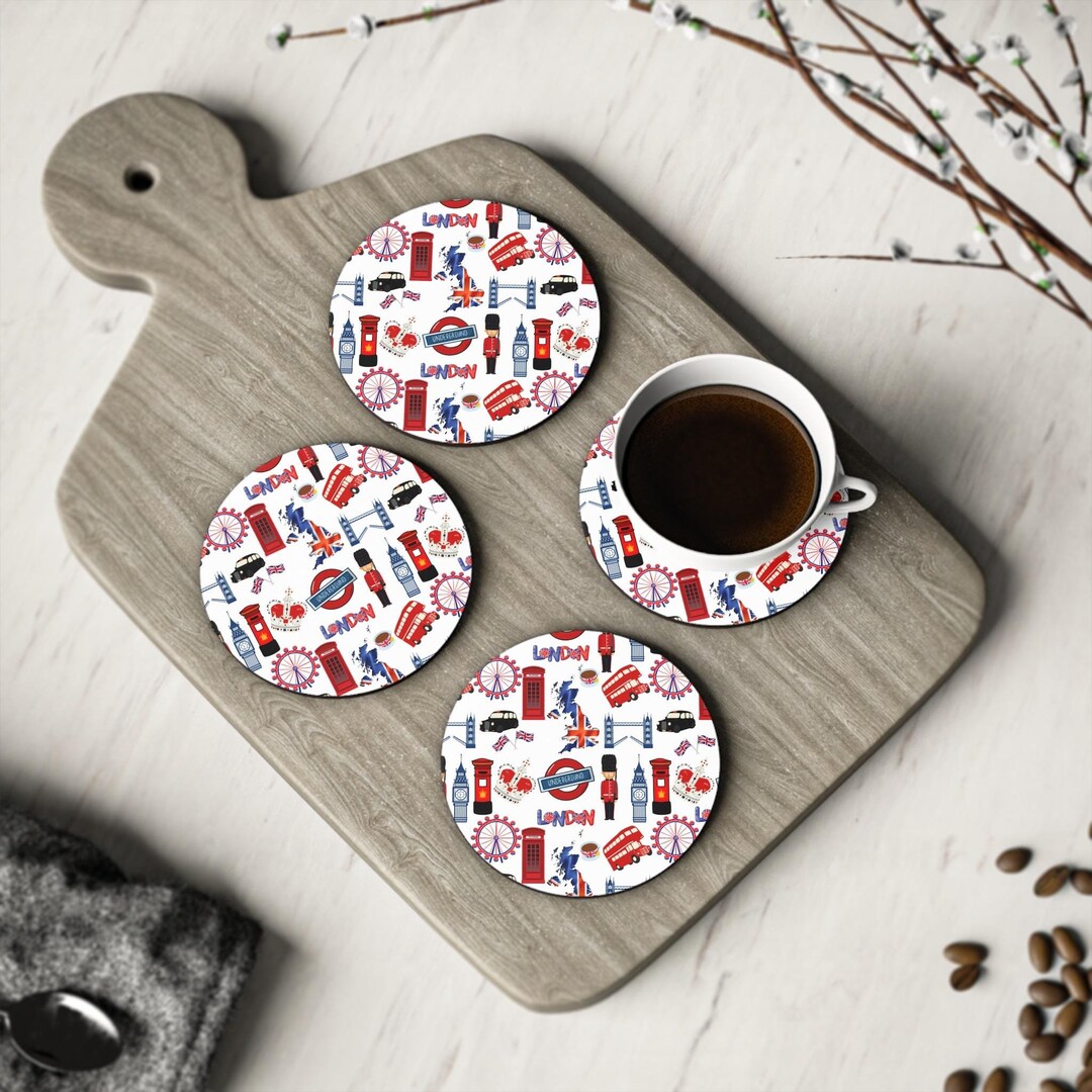 British Icons Coasters: Union Jack, Double Decker Bus, Set of 4 - Etsy
