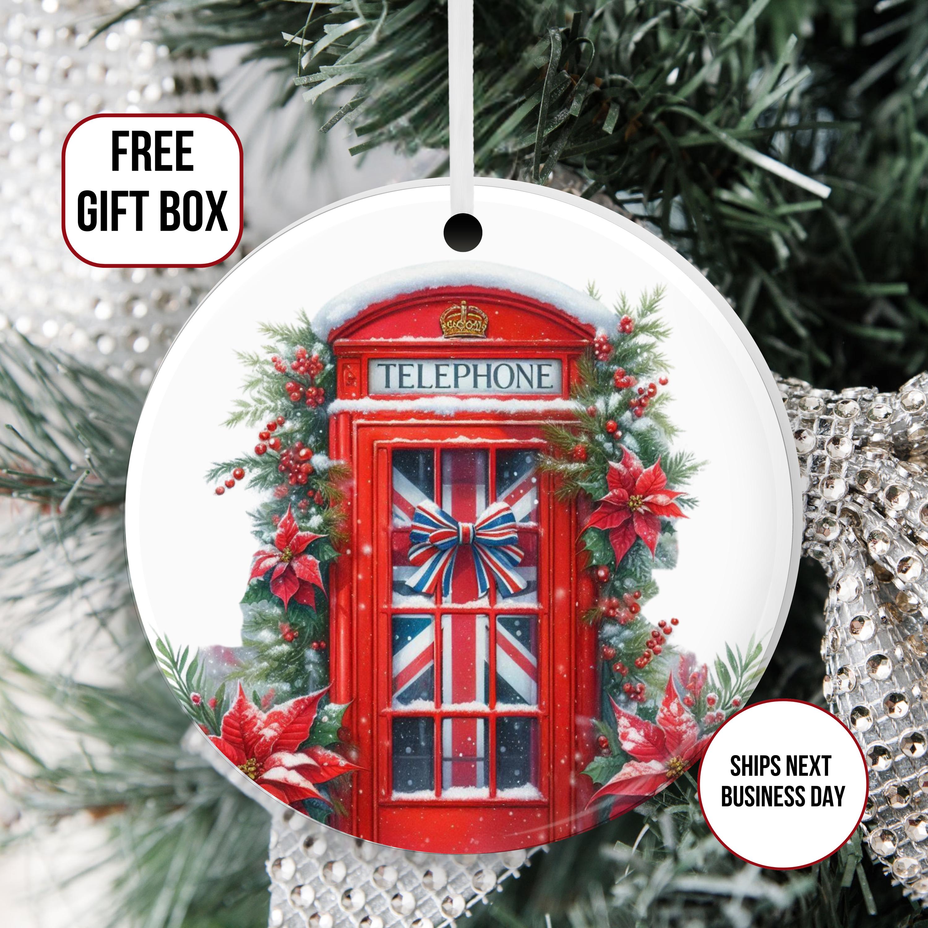 Union Jack Telephone Box Christmas Ornament: British Ceramic Tree ...