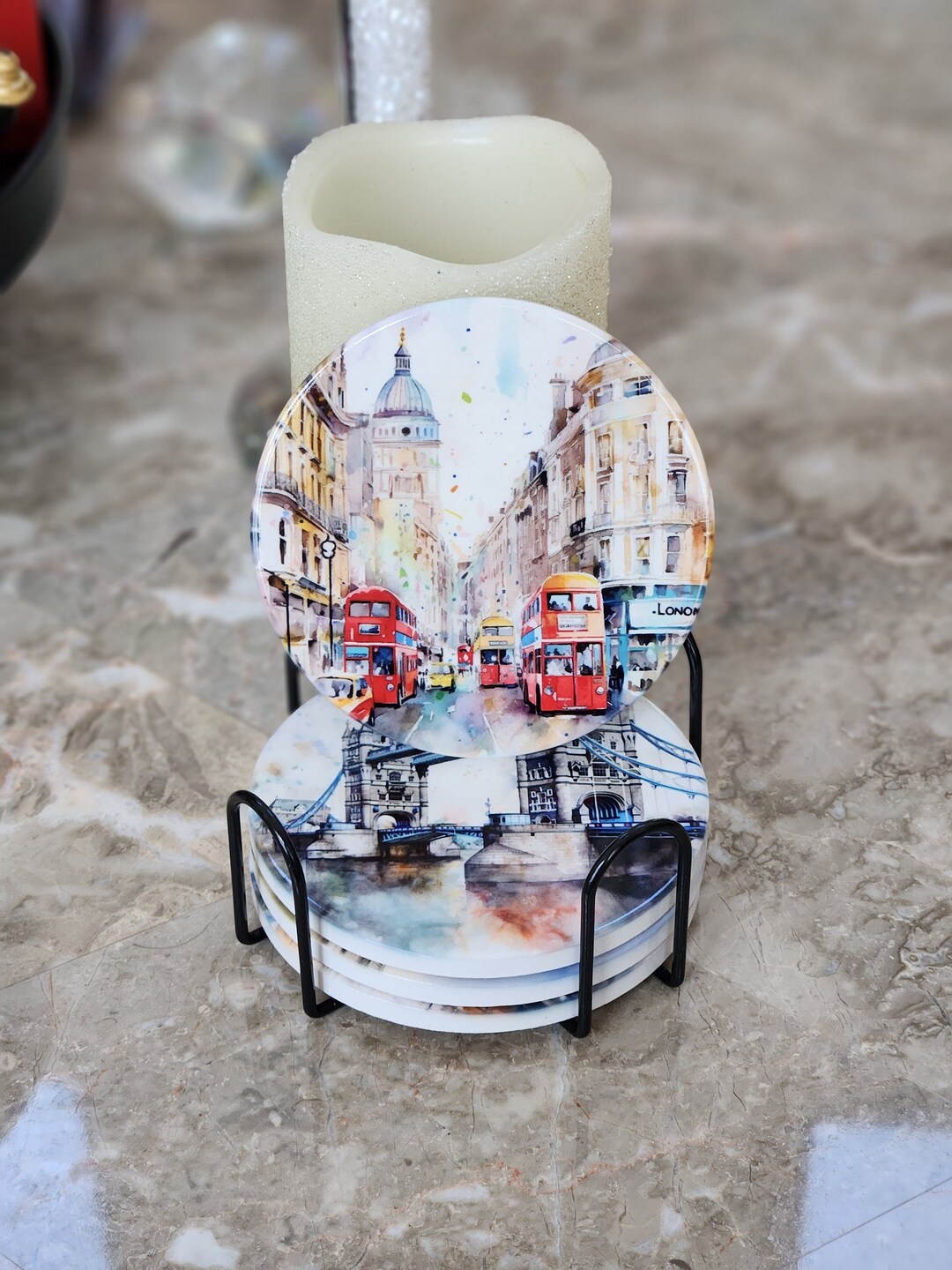 Scenes of London Round Ceramic Coasters, Set of 4 Different Scenes With ...