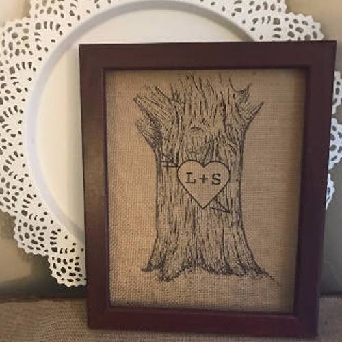 Initials Carved Into a Tree Burlap Print Engagement Gift - Etsy