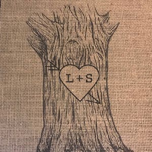 Initials Carved Into a Tree Burlap Print - Engagement Gift ...