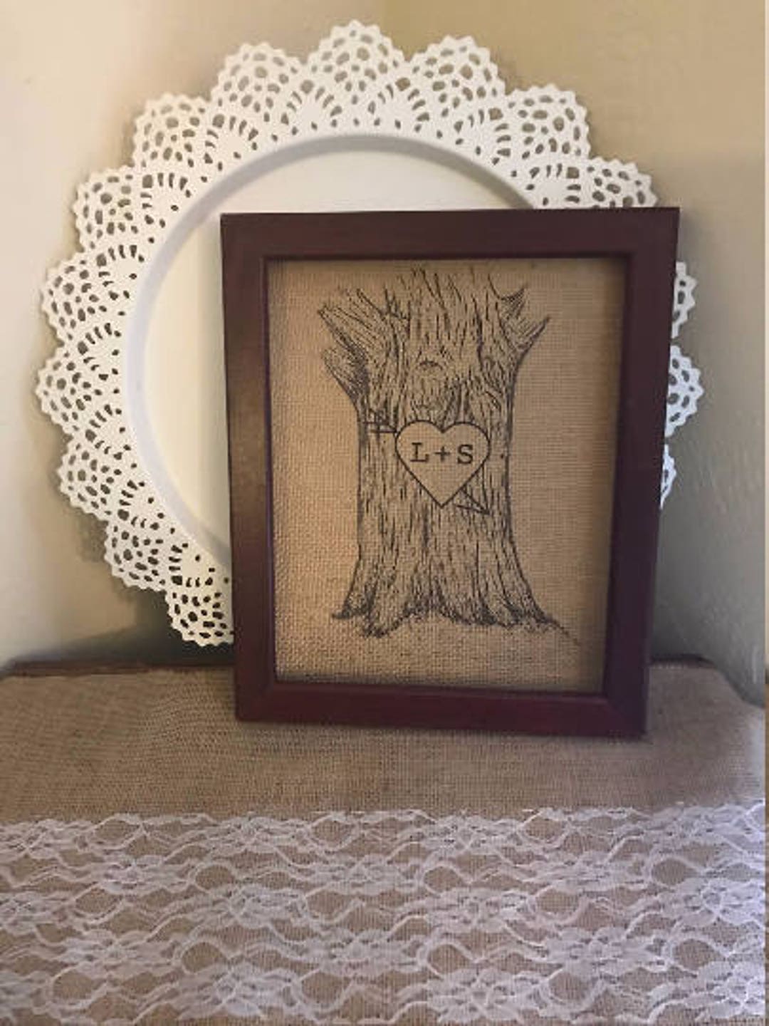 Initials Carved Into a Tree Burlap Print - Engagement Gift ...