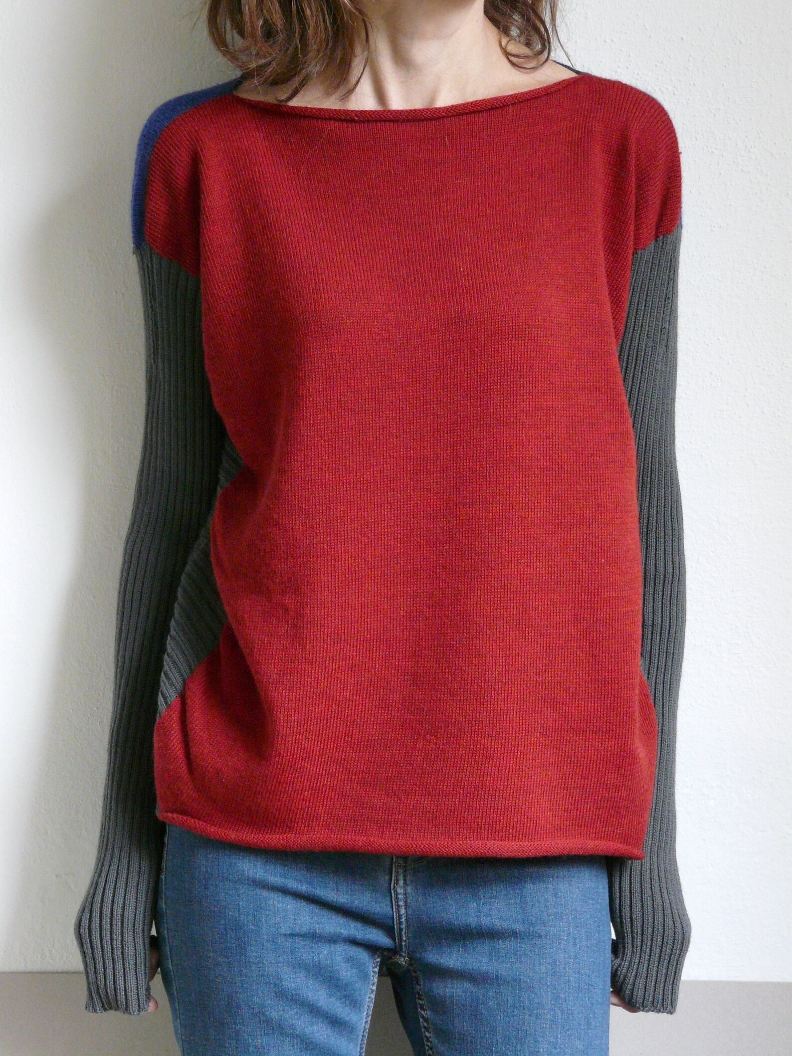 Knit Merino Blue Red Gray Color Block Pullover Sweater - Etsy