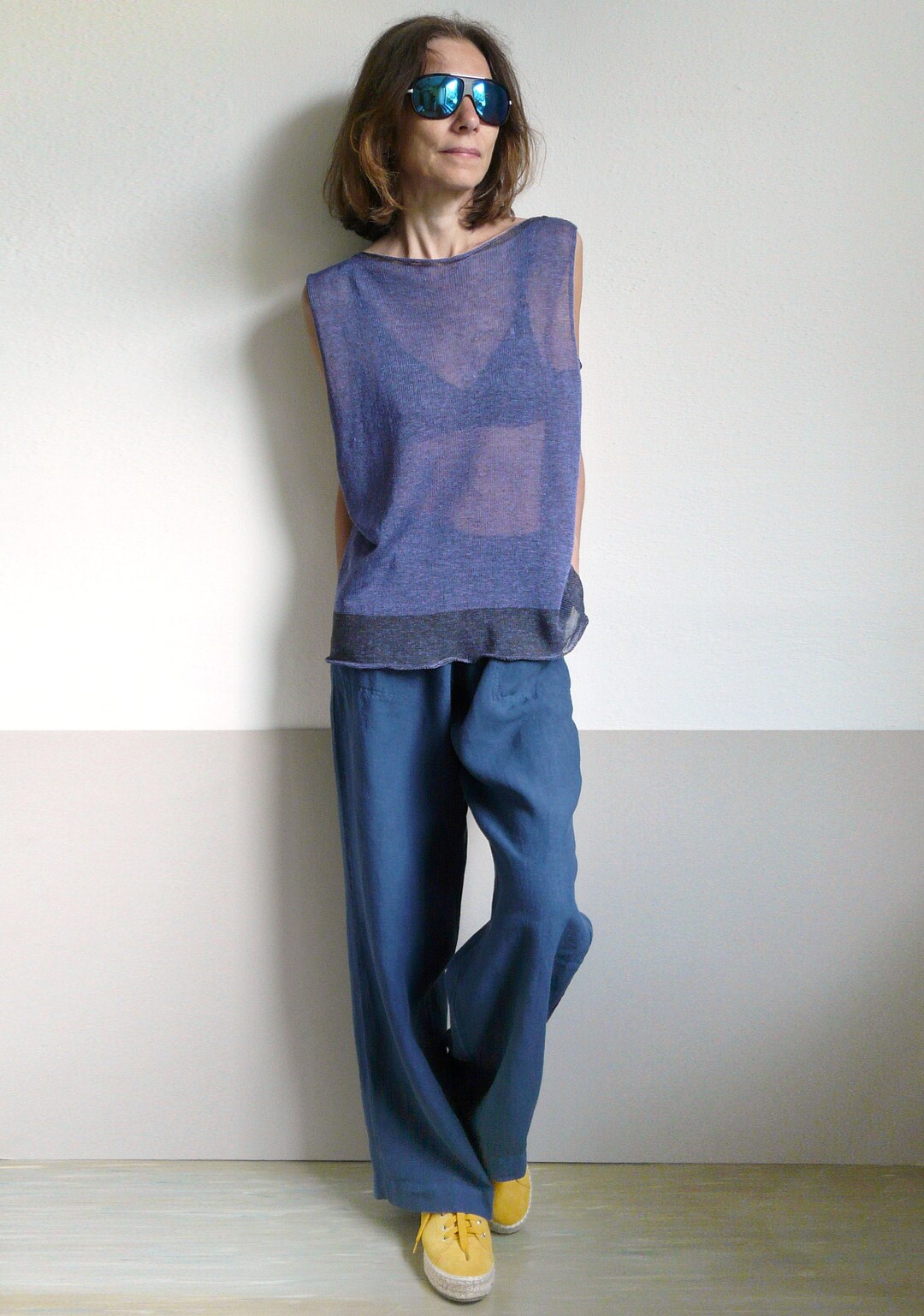 Knit Linen Blue Green Tank Top , Color Block - Made to Order - Etsy