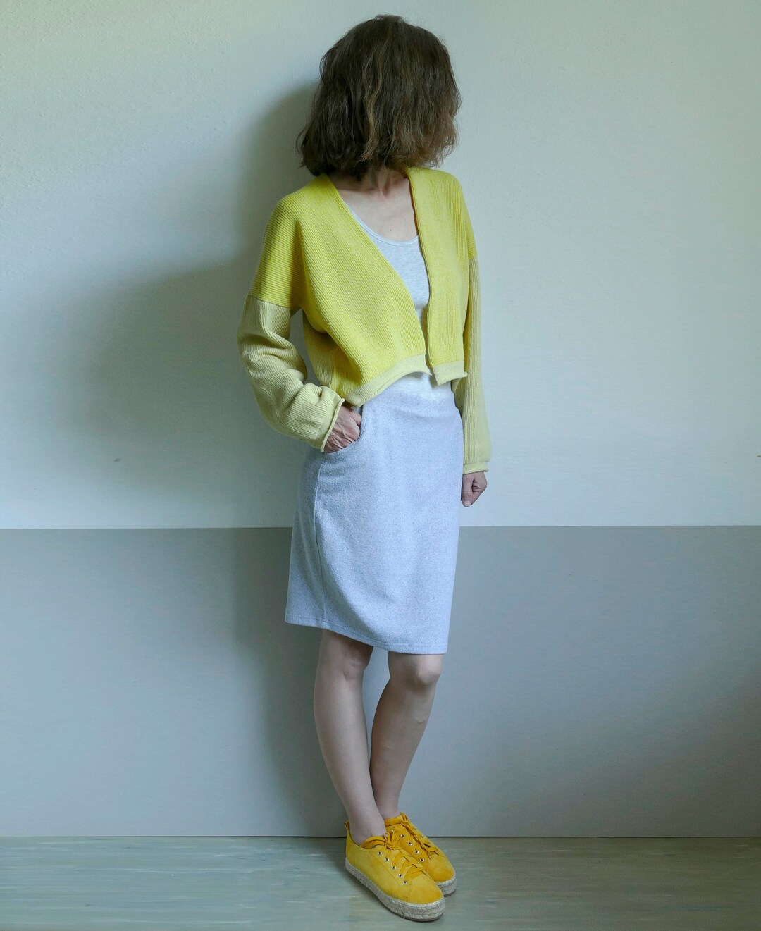 Knit Yellow Open Front Cropped Cardigan Sweater, Merino -cotton - Etsy