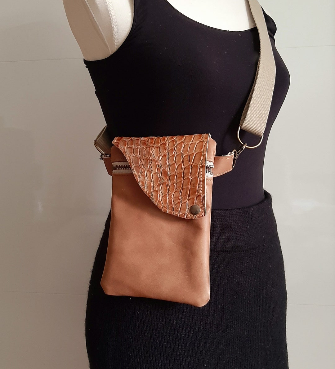 Light Bbrown Leather Hip Bag, Fanny Pack, Croco Flap, Unique Bumbag ...