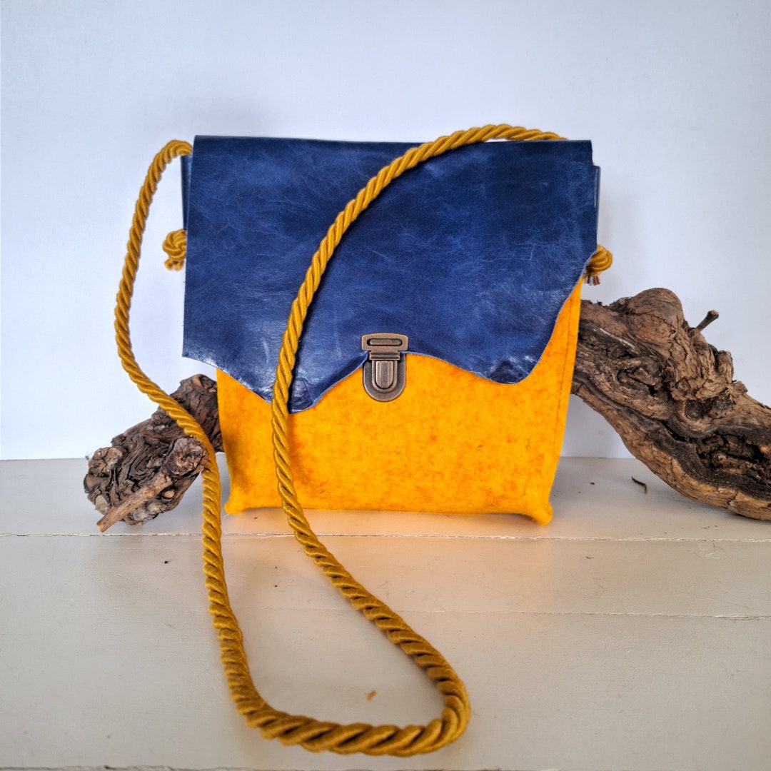 Usable Small Shoulder Bag Made of Ochre Wool Felt and Blue Leather ...