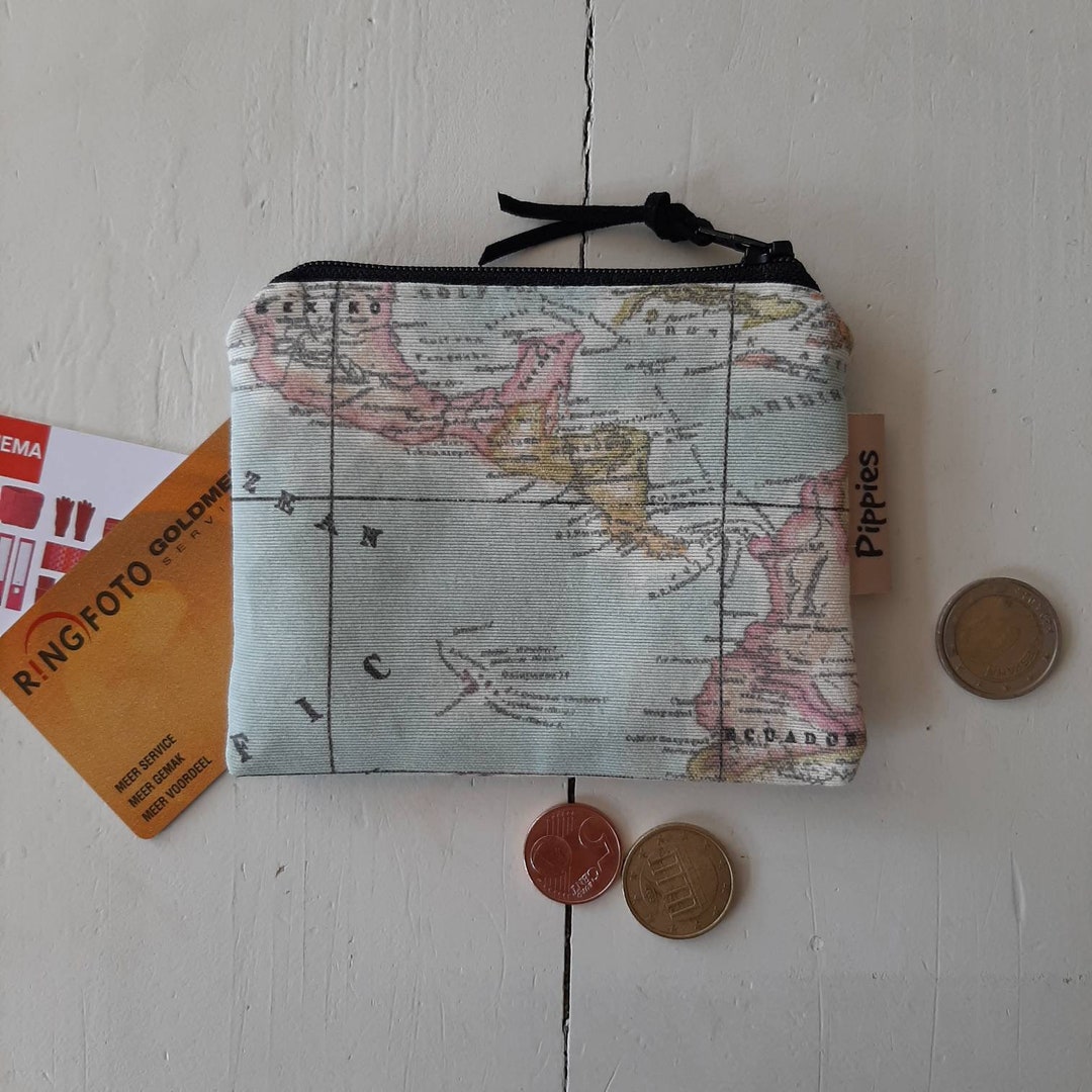 Coin Pouch With World Map to Use as Card Holder, Mini Wallet, Zippered ...