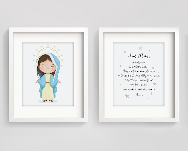 Religious Nursery Art Set - Hail Mary Prayer - Mother Mary Print - Set ...