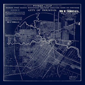 Blueprint Street Map of Houston Texas - Vintage 1890 Wall Art City Map ...