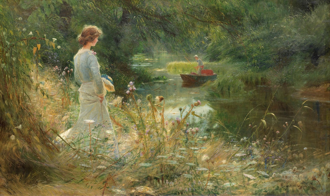 Scene by a Summer Riverbank - Victorian Landscape Watercolor Painting ...