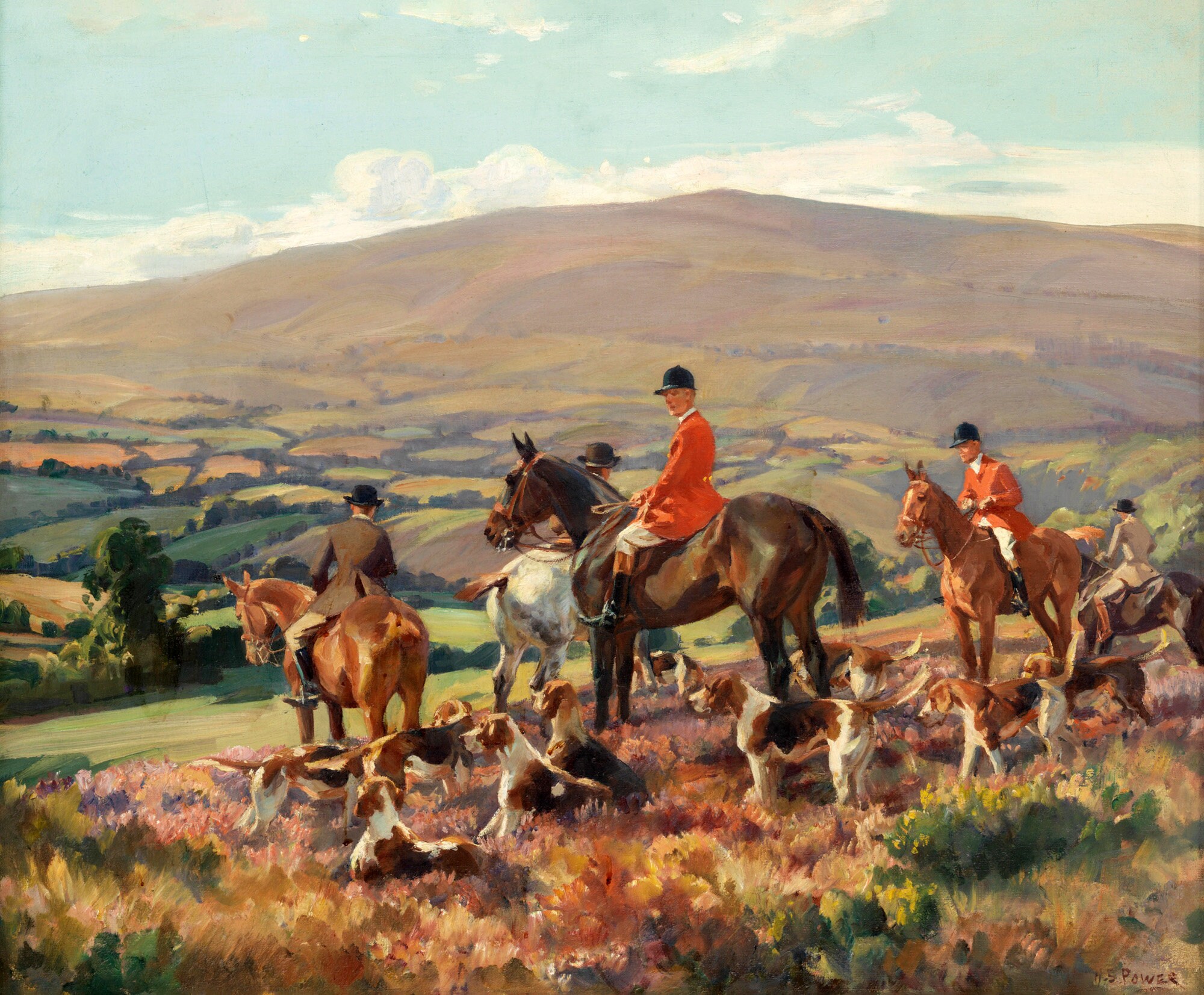Huntsmen and Hounds on a Heather Moor - Fox Hunting Painting - Harold ...