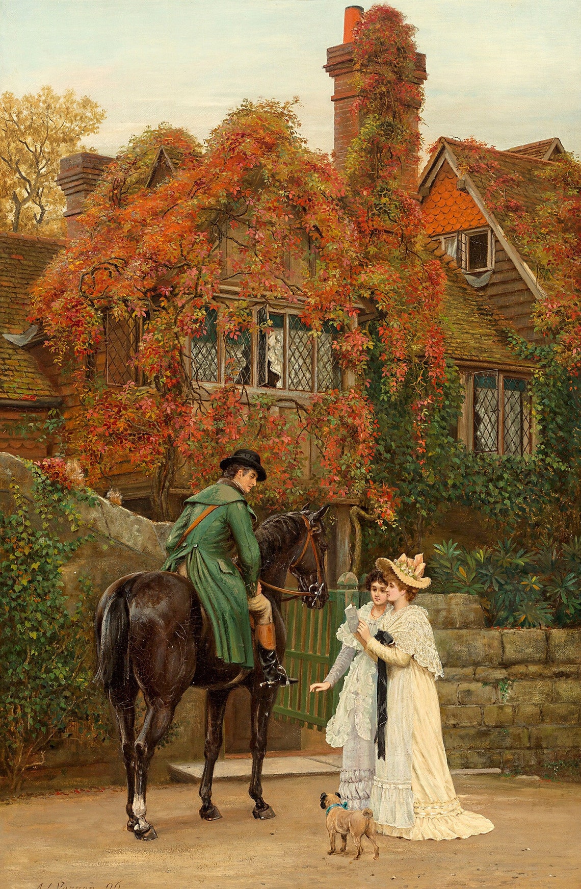 The Messenger - Victorian Painting of a Rider and Two Young Woman ...
