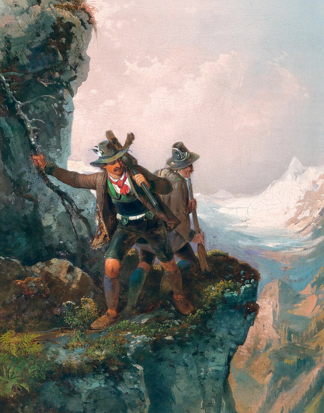 Two Hunters on the Alps - Vintage 19th Century Alpine Oil Painting ...