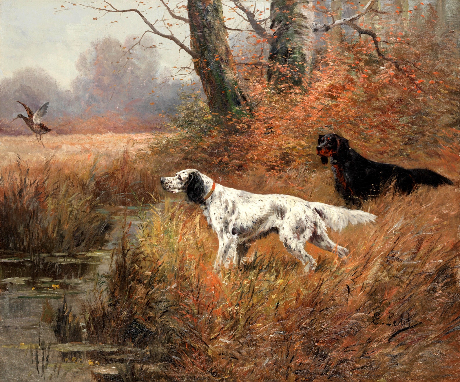 Spaniels Flushing a Woodcock - Mid-1800s Hunting Dog Painting - Eugene ...