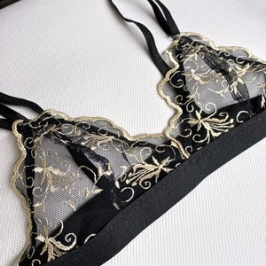 Triangle Gold Lace Bralette, Lace Bra, Transparent Bra, See-through ...
