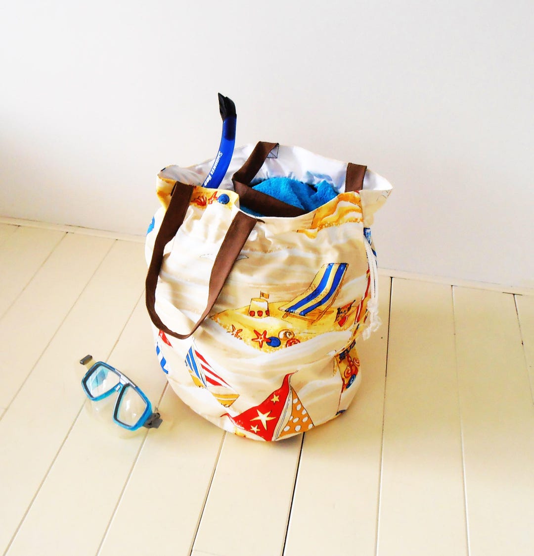 XL Beach Bag With Leather Handles & Drawstring – Large Vacation Tote - Etsy