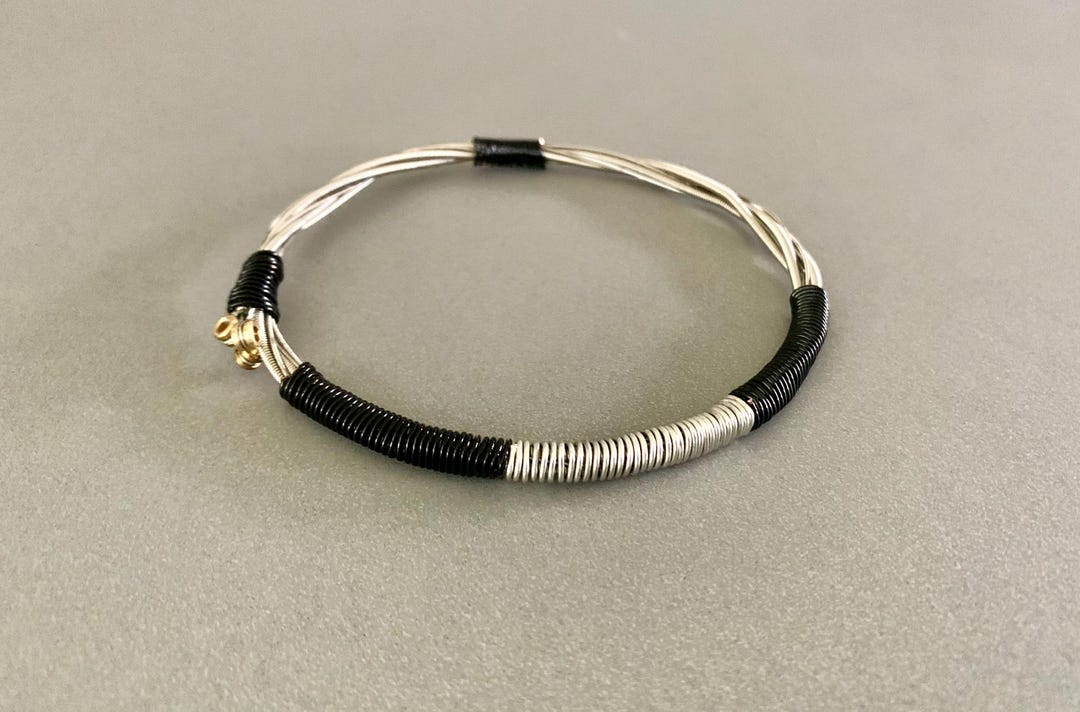 Recycled Electric Guitar String Bracelet, Styled With Silver and Black ...