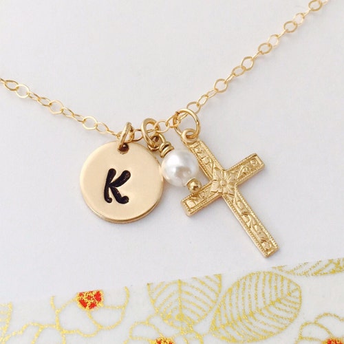 Gold Cross Necklace Golden Religious Charm Confirmation - Etsy
