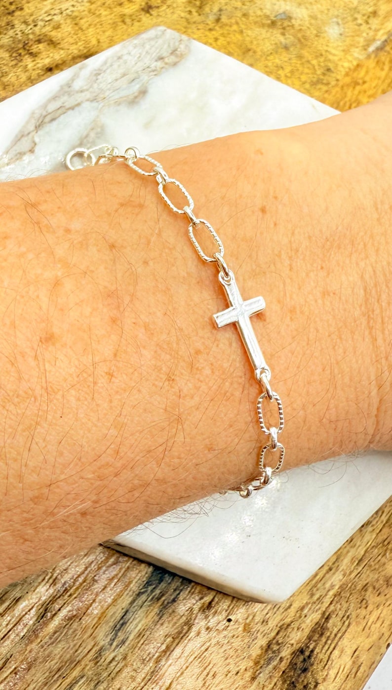 Sterling Silver Cross Bracelet, Sideways Charm, Oval Chain - Etsy