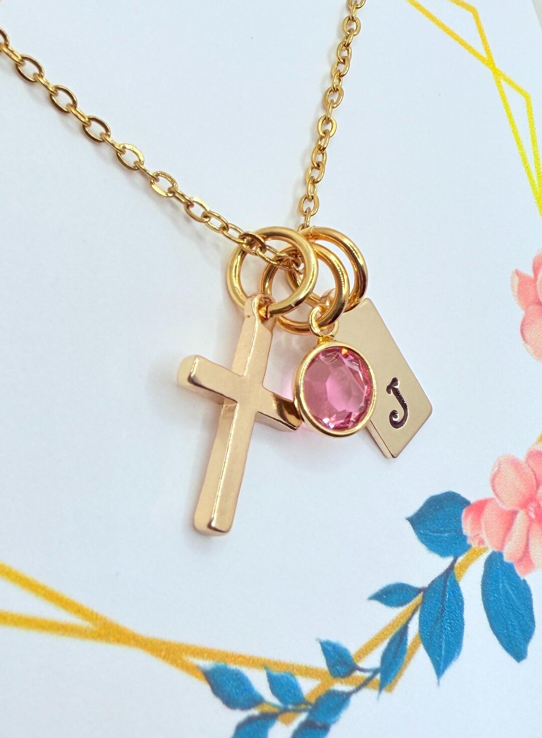 Gold Cross Necklace, Girls Cross With Initial and Birthstone - Etsy