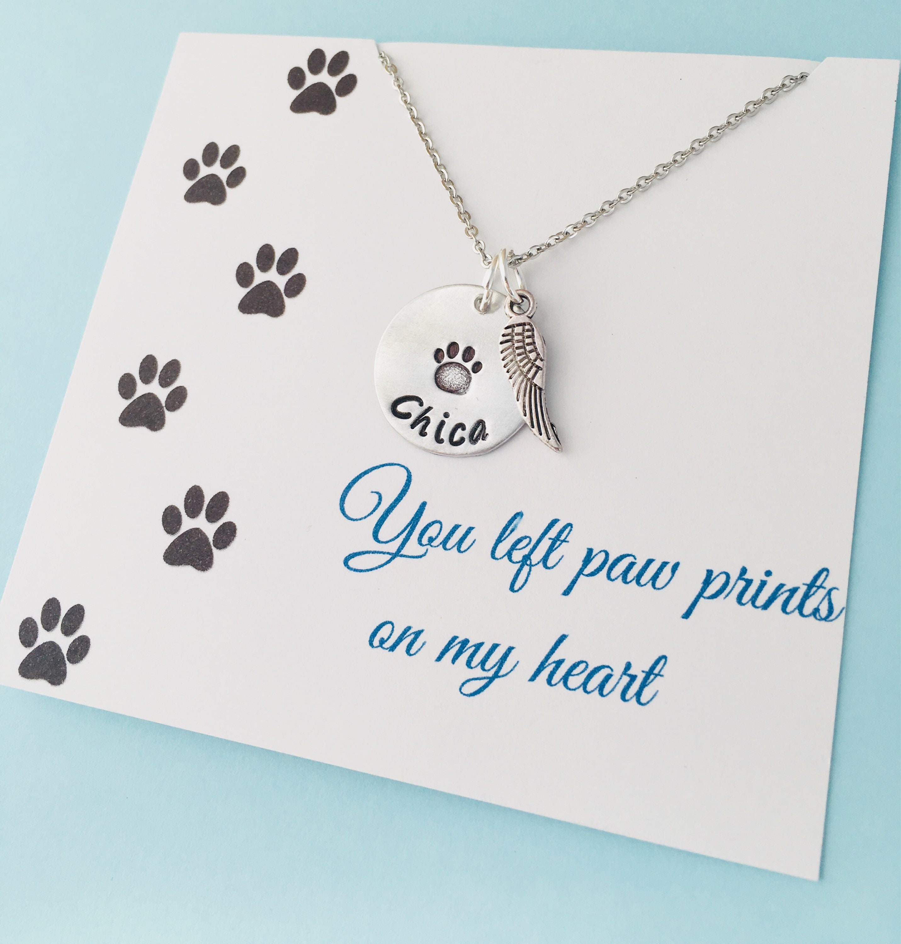 Personalized Pet Memorial Necklace: Paw Print Aluminum Disc, Feather ...