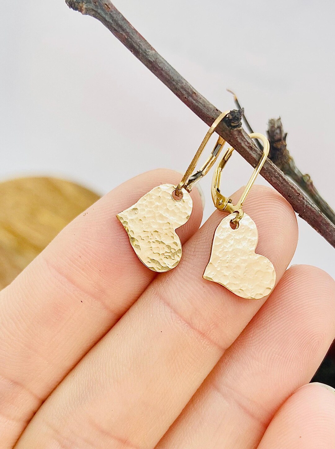 Gold Heart Hammered Earrings, Simple Gold Heart Earrings, Heart Dangle ...