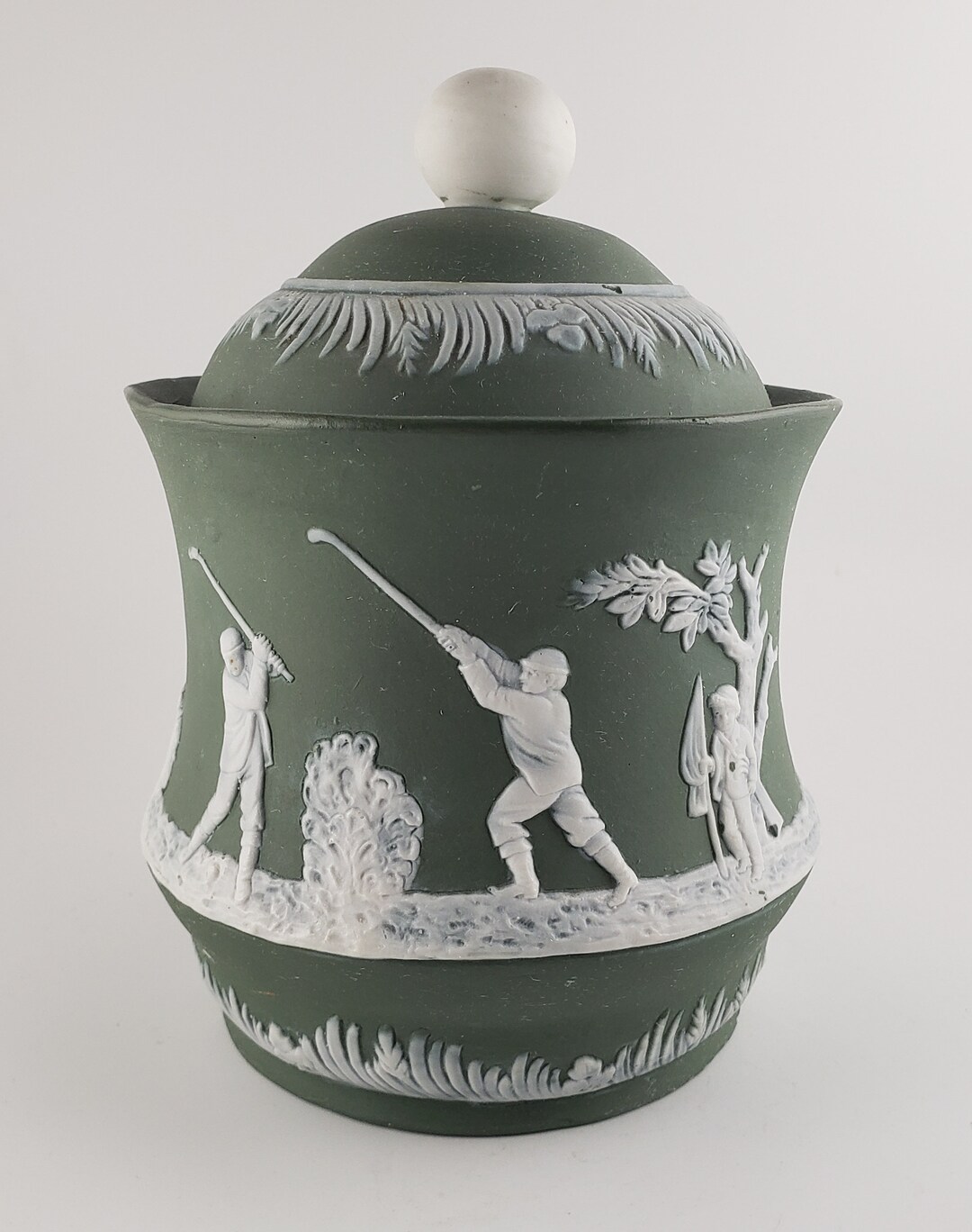 Antique Unglazed Sage Green Jasperware Golf Motif Cigar Humidor Lidded ...