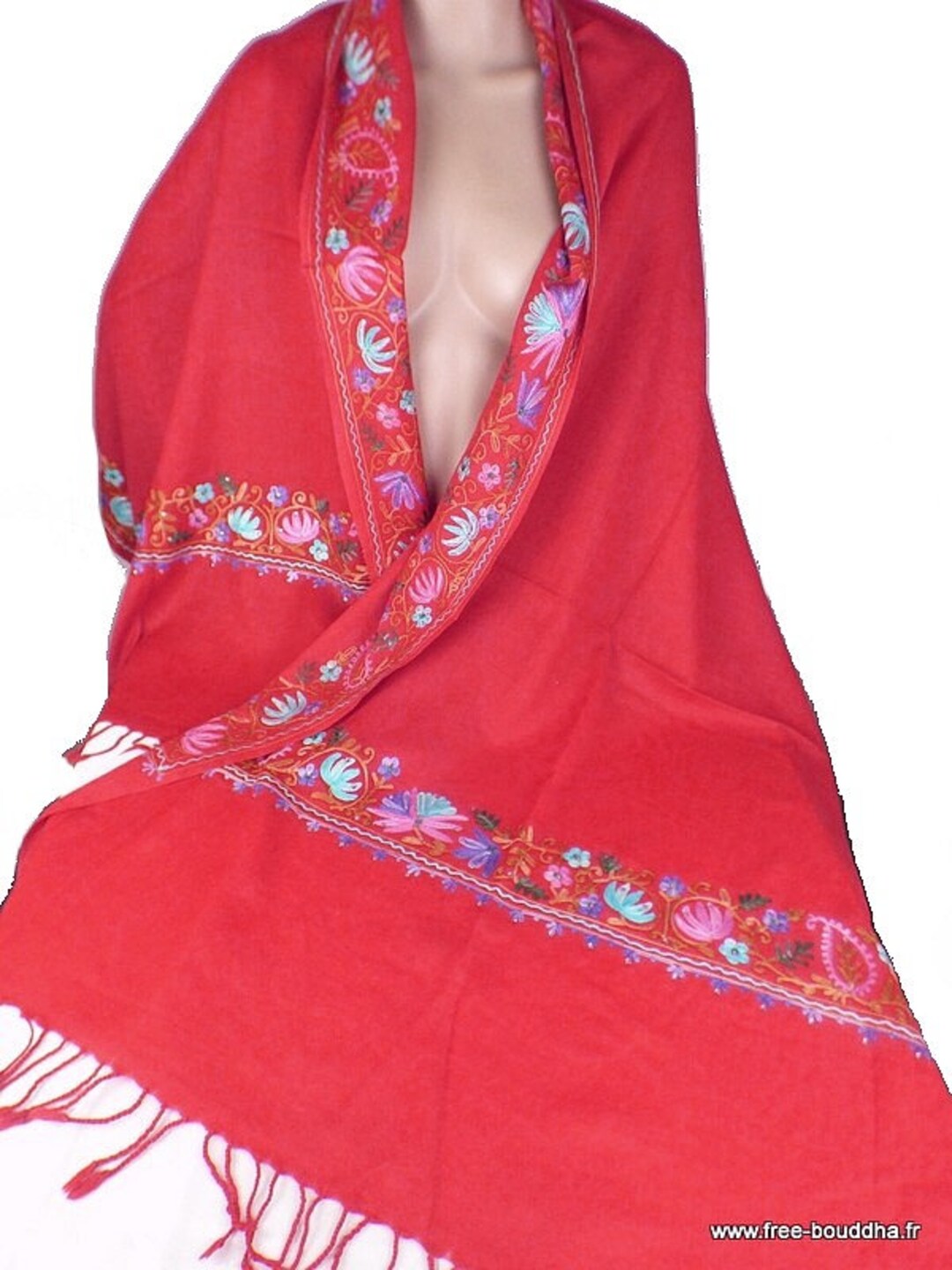 Red Wool Shawl Embroidered Flowers and Pearls, Red Wool Pashmina, Lj26 ...