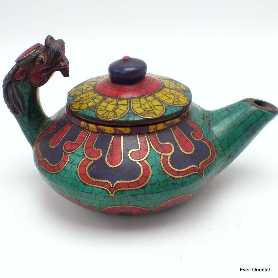 TIBETAN TEAPOT in Cast Iron SET With Natural Copper Stones, Made in ...
