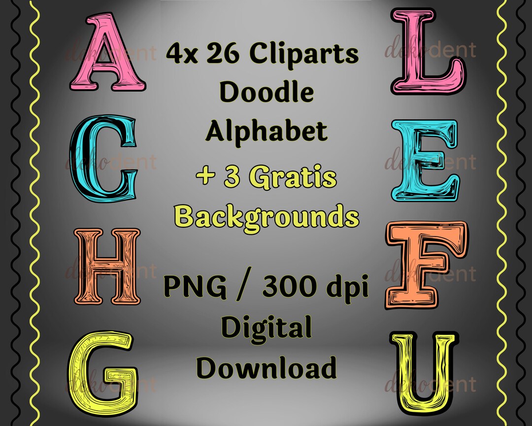 Doodle Alphabet Clipart Bundle Dalmatian, Zebra and Leopard Background ...