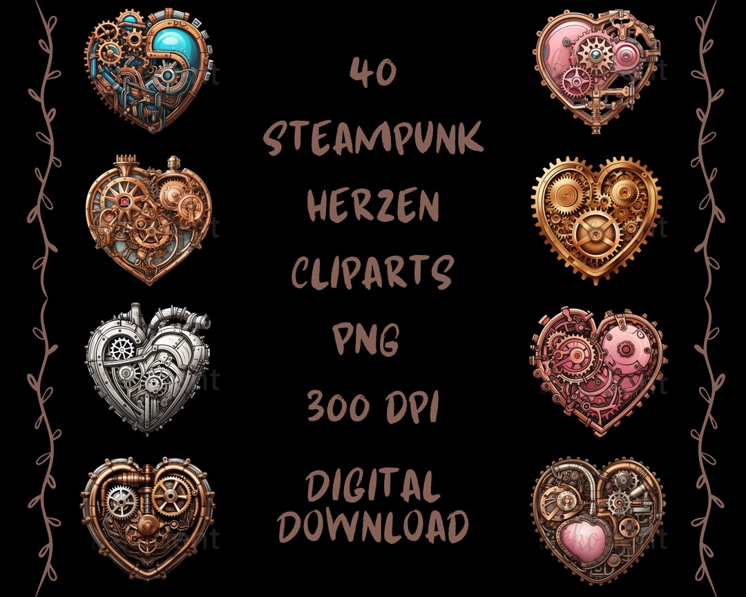 Steampunk Hearts 40x Clipart PNG Digital Download Fantasy - Etsy