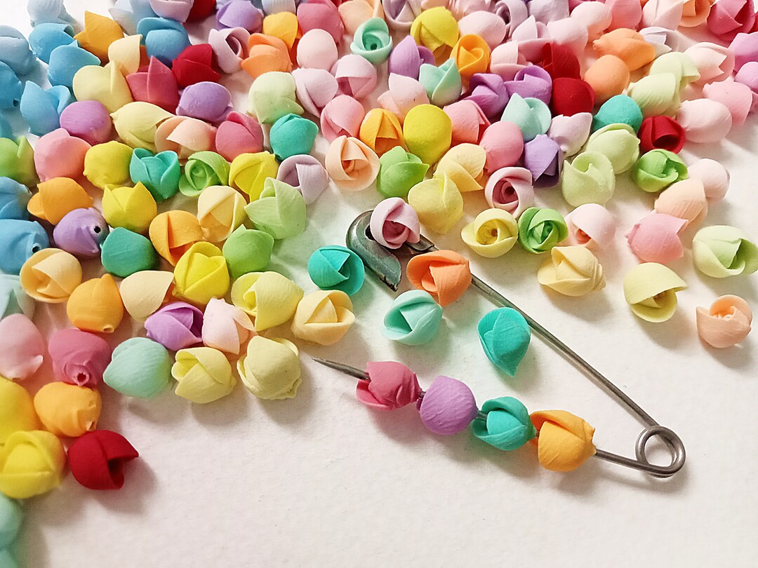 12 TINY ROSEBUD BEAD, Flower Bead, Tiny Rose Bead, Rose Bud Bead, Clay ...