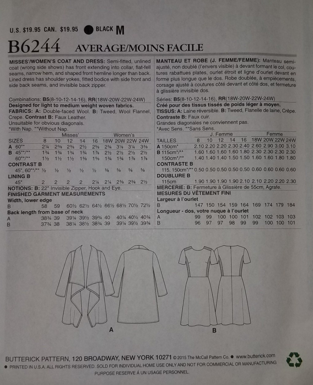 Butterick 6244 Sewing Pattern Sizes 18W-20W-22W-24W - Etsy