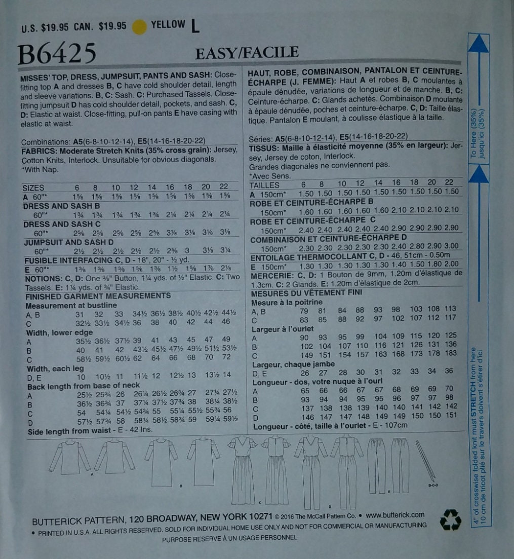 Butterick 6425 Sewing Pattern Sizes 14-16-18-20-22 | Etsy