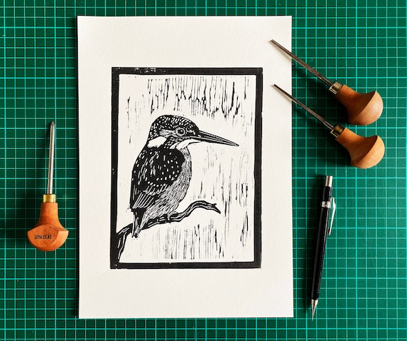 Kingfisher Lino Print Linocut Bird Art | Etsy