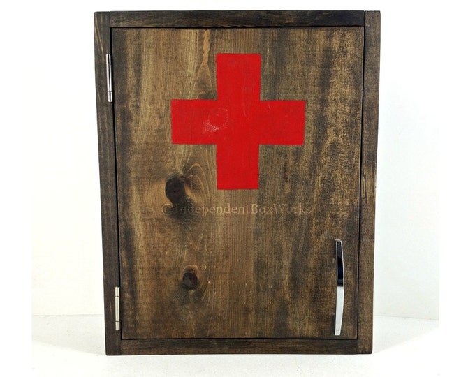Dark Wooden Medicine Cabinet, Rustic First Aid Cabinet With Red Cross ...