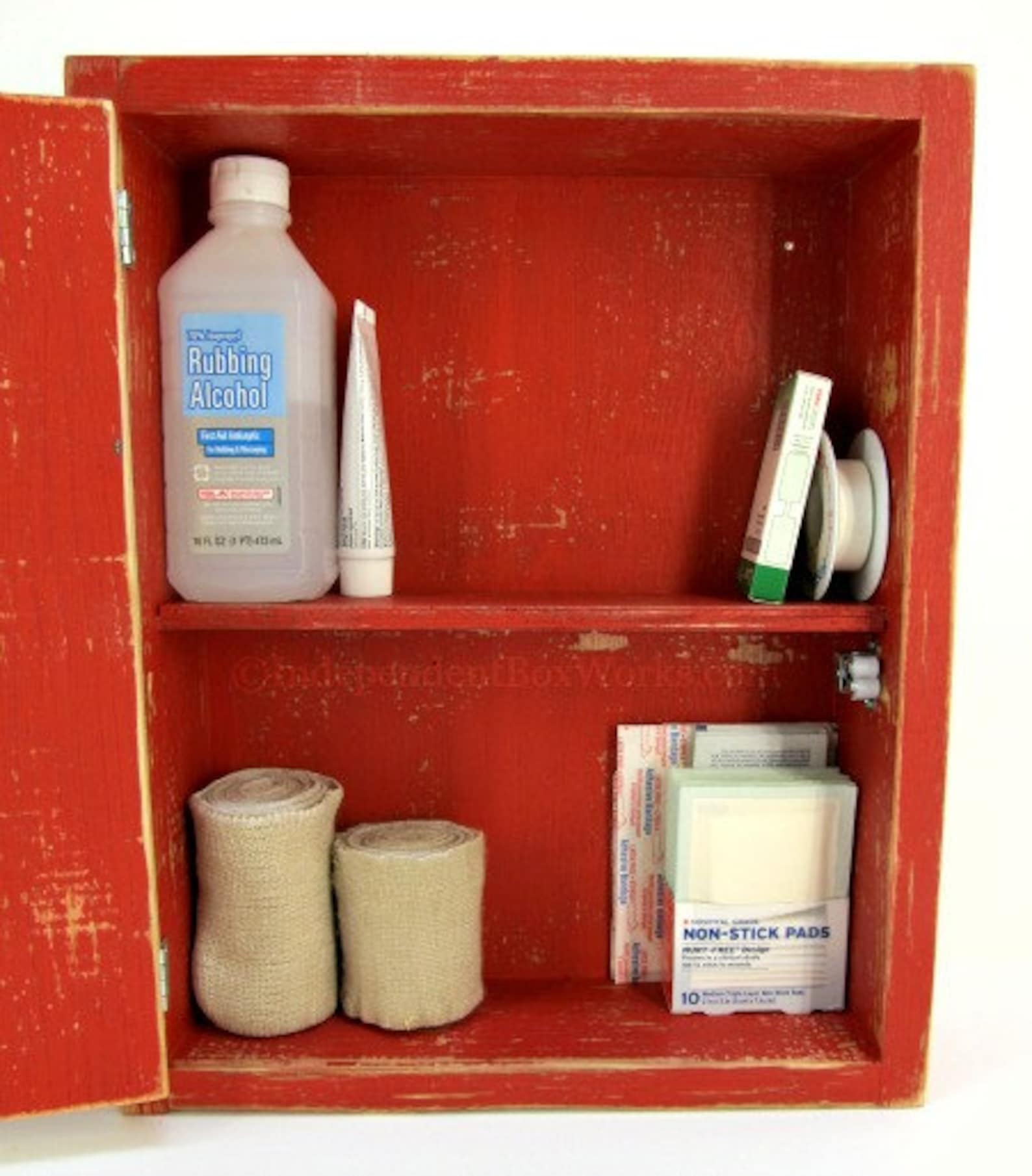 Distressed Red Medicine Cabinet Handmade Painted White Cross First Aid ...
