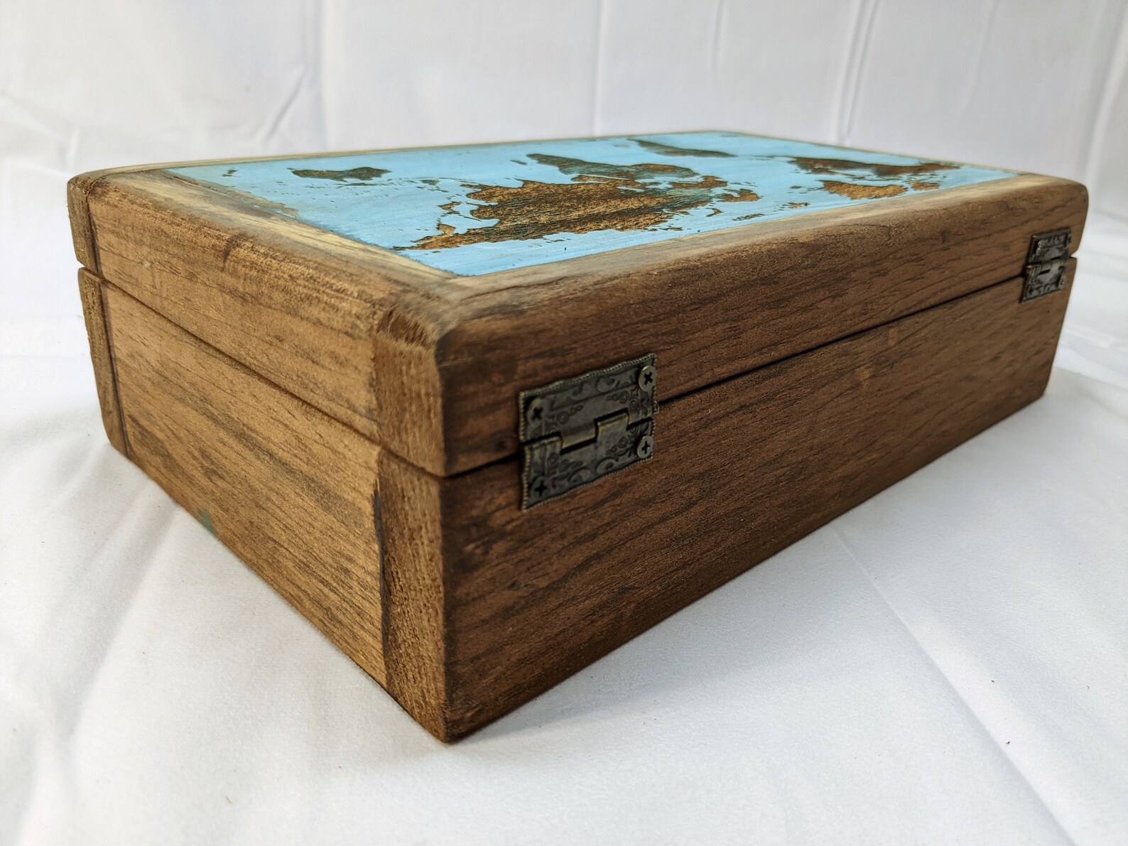 Rustic Wood Engraved World Map Box With Aqua Painted Ocean - Etsy