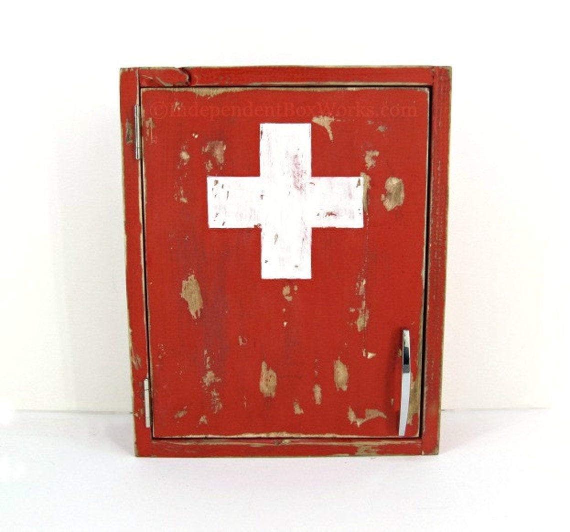 Distressed Red Medicine Cabinet - Handmade Painted White Cross First ...